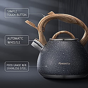 MARSKITOP Tea Kettle Stovetop Whistling Tea Pot for Stove Top, Stainless Steel Tea Kettle Teapot with Wooden Pattern Handle, 2.6 Quart, Gray