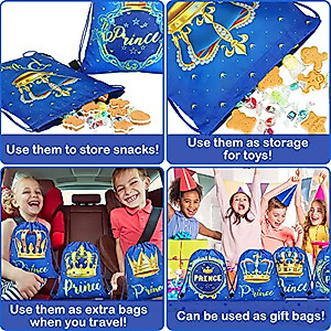 Sweetude 24 Pcs Prince Party Gifts Bags Prince Crown Blue Drawstring Bags Decoration Favor Storage for Boys Kids Birthday Wedding Party Decoration