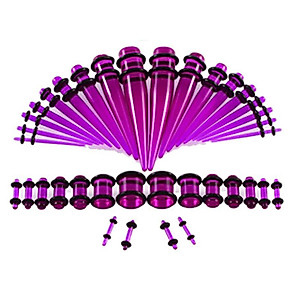 CABBE KALLO 50 Pcs 14G-00G Ear Stretching Kits Acrylic Tapers Plugs & Silicone Tunnels Gauges Expander Set Body Piercing Jewelry, Purple