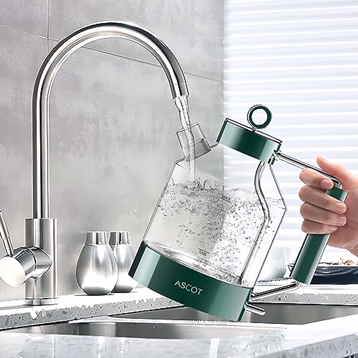 Electric Kettle, ASCOT Glass Electric Tea Kettle 1.6L 1500W Retro Tea Heater & Hot Water Boiler, No Plastic, BPA-Free, Cordless, with Auto Shut-Off and Boil-Dry Protection (Emerald Green)