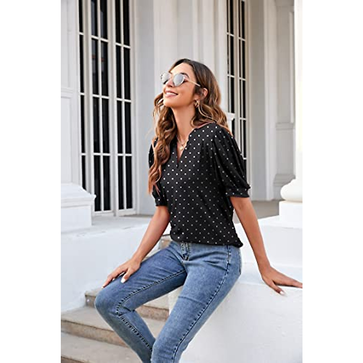 Summer Tops for Women 2023 Notch Neck Puff Short Sleeve Shirts for Women Tunic Tops for Women Loose Fit Solid Tops for Women Blouse Trendy Tops for Women Polka Dot Black L