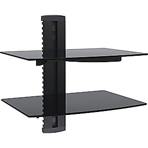 MANZOO Floating Shelves Wall Mounted Shelf with Strengthened Tempered Glass for DVD Players/Cable Boxes/Games Consoles/Tv Accessories, 2 Shelves, Black Glass Shelves