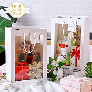 Yahenda 24 Pcs Clear Gift Bag with Window 13.8 x 9.8 x 5.9 Transparent Bouquet Gift Bags with Handle Graduation Paper Bags Paper Tote Flower Bags for Mother 's Day Graduation Wedding (White)