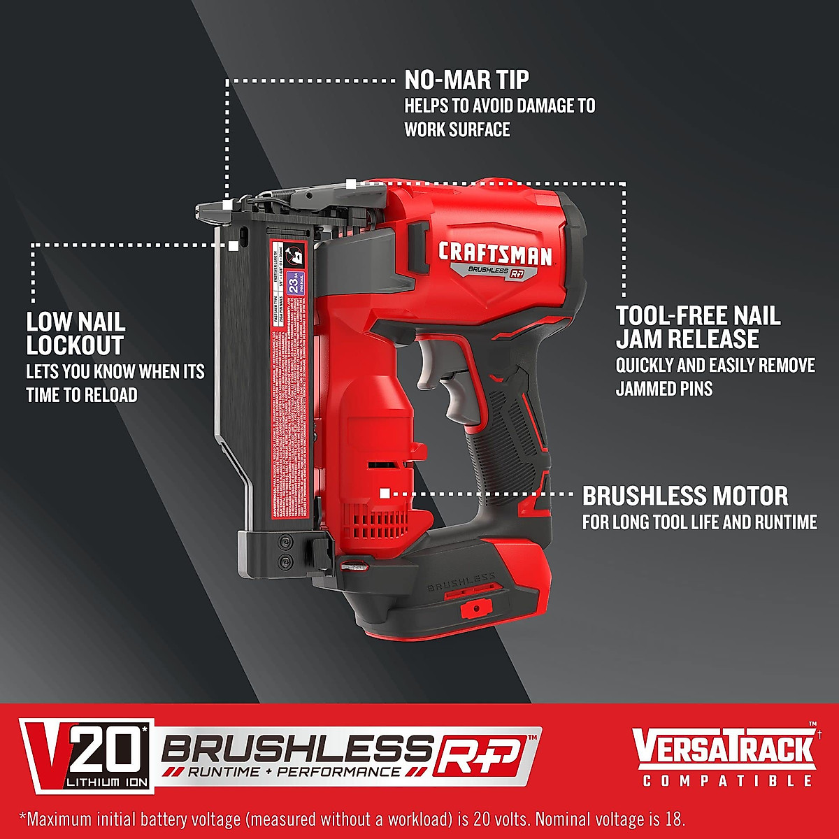CRAFTSMAN V20 RP Pin Nailer, Nail Gun, 23GA, For 5/8-1-3/8 inch Pin Nails, Bare Tool Only (CMCN623B)