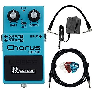 Boss CE-2W Waza Craft Chorus Bundle with Power Adapter, 10ft Instrument Cable, 6in Patch Cable, and Picks
