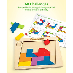 Coogam Wooden Puzzle Blocks Geometric Tangram Brain Teasers Jigsaw 3D Logic IQ Game Colorful Shape Pattern Montessori STEM Educational Toys Gift 60 Challenges for All Age