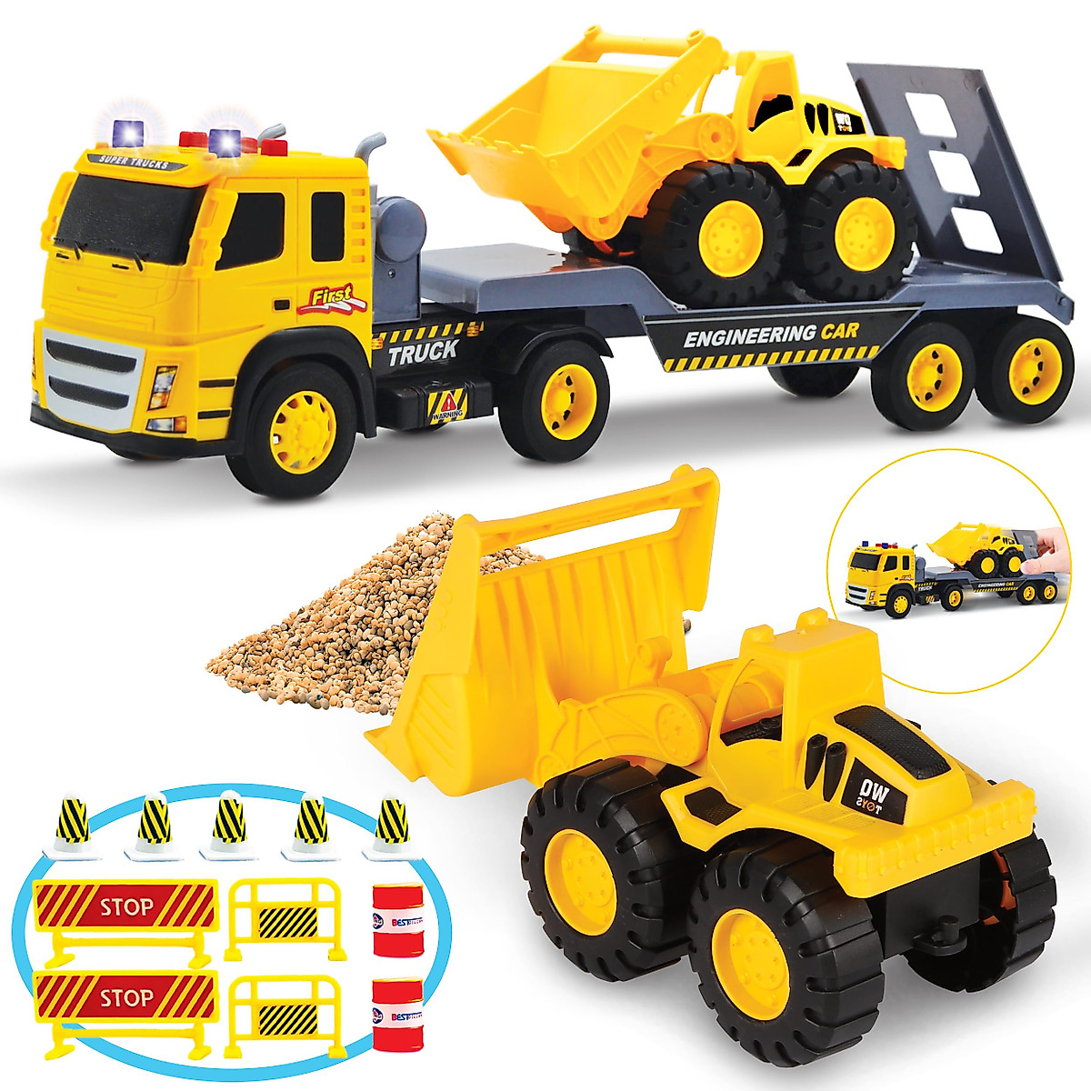 MOBIUS Toys Flatbed Truck with Excavator Tractor Toy - 1:12 Scale, Push and Go Construction Vehicle Playset, Lights & Sounds for Kids, Toddlers, Boys, & Girls Ages 3 4 5 Years Old
