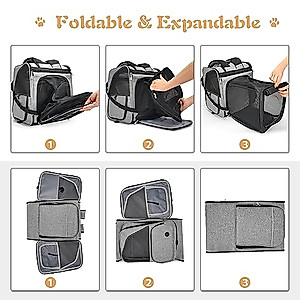 Cat Backpack Carrier, WHDPETS 2 Sides Expandable Pet Backpack for Cats Dogs fit Up to 20 lbs, Breathable Cat Carrier with Inner Safety Leash, Grey