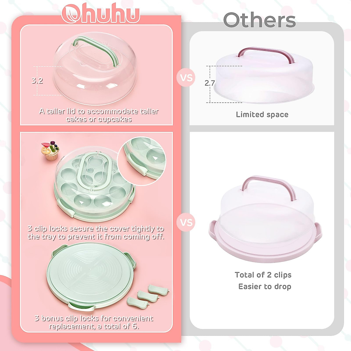 Ohuhu Cheesecake Container, Cake Pie Carrier BPA-Free up to 10'' Cake - Cupcake Containers with Lid and 2 Handles 4-in-1 Multipurpose Cake Keeper Holder Platter for Pie Devil Eggs Mothers Day Gifts