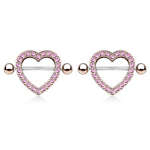 Forbidden Body Jewelry Surgical Steel CZ Crystal Heart Nipple Shield Barbells (Rose Gold Tone/Pink)