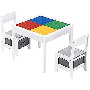 Wooden Kids Activity Table and Chair Set, 4-in-1 Building Blocks-Compatible Desk with Storage for Children and Toddler Drawing Reading Arts Crafts - Colorful