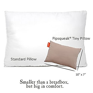 Pipsqueak Small | Tiny | Mini Pillow with Name Tag - 11in x 7in x 2.5in - Machine Washable - White Pillow with Khaki Case