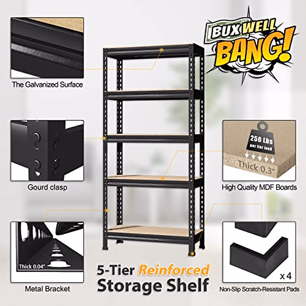 BuxWellBang 5-Shelf Heavy Duty Shelving - Adjustable Garage Storage Shelves, Metal Utility Storage Racks for Warehouse Pantry Basement Kitchen, Garage Organizers Shelf Unit, Black