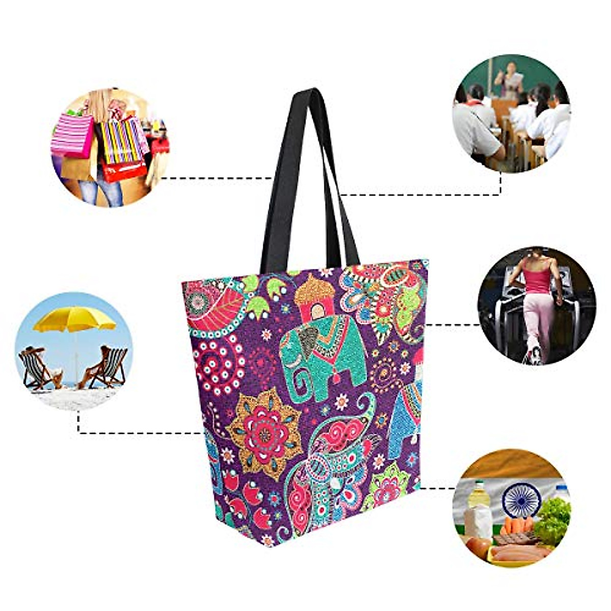 ALAZA Large Canvas Tote Bag Cute Indian Floral Elephant Shopping Shoulder Handbag with Small Zippered Pocket