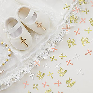 300 Pieces Glitter Cross Confetti God Bless Confetti Table Confetti Cross Decorations for Baptism Party Baby Shower Birthday Gender Reveal First Communion Party Supplies (Pink, Gold, White)