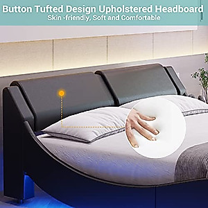 Queen Modern Upholstered Platform Bed Frame Wave-Like Curve Led Bed Frame with Headboard Low Profile Bed Frame with Smart RGB LED Lights,Faux Leather,Easy Assemble,Strong Wood Slats Support,Black
