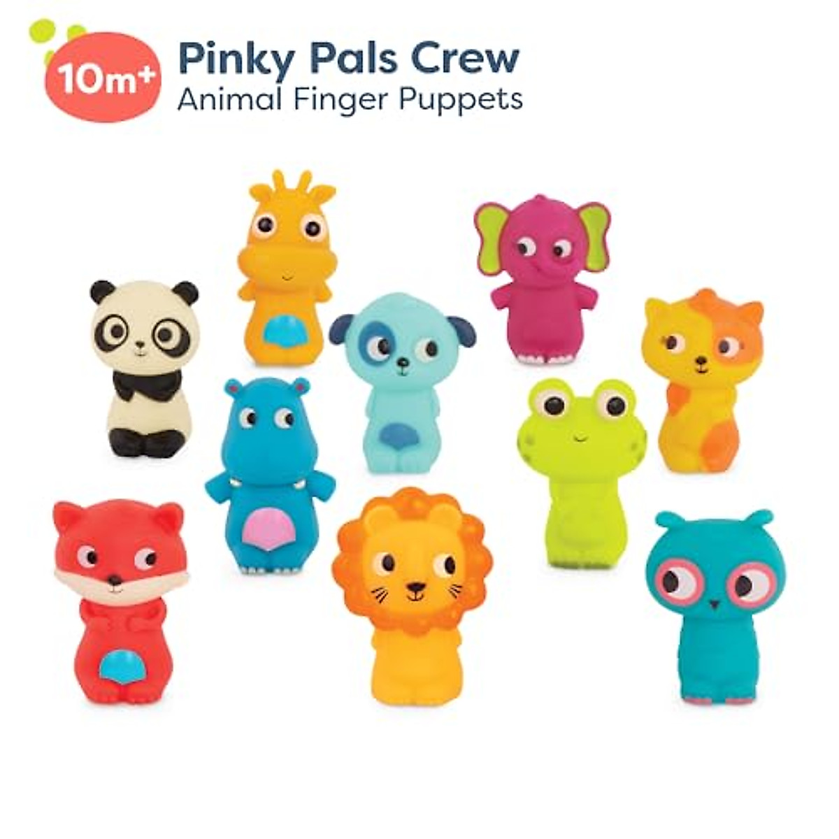 B. toys B. – 10 Finger Puppets – Animal Finger Puppets – Fox, Panda, Hippo, Giraffe, Dog – Lion, Cat, Frog, Elephant, Owl – 10 Months + – Pinky Pals Crew