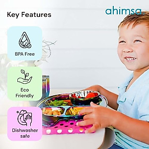 Ahimsa Stainless Steel Dinner Set - 5 Piece Mindful Mealtime Set | Pediatrician Designed Stainless Steel Plates for Kids, Toxin Free Stainless Steel Dinnerware Set | 100% BPA Free (Rainbow)