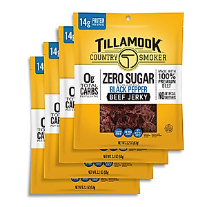 Tillamook Country Smoker Keto Friendly Zero Sugar Beef Jerky, Black Pepper, 2.2 Ounce (Pack of 4)