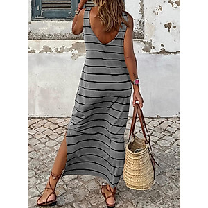 BLENCOT Womens Sleeveless Striped Racerback Maxi Sundresses Backless Beach Long Tank Dresses Gray XL