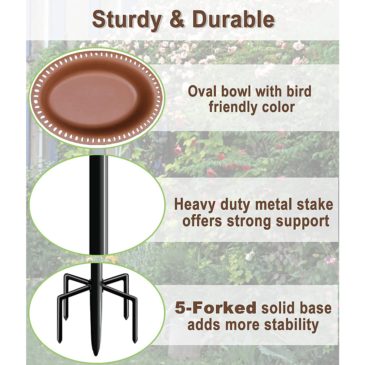 Garbuildman Upgraded 5-Prong Base Bird Bath with Metal Stake, Detachable Decoration Bowl Spa & Freestanding Birdfeeder for Outdoor Garden, Oval Style, Brown
