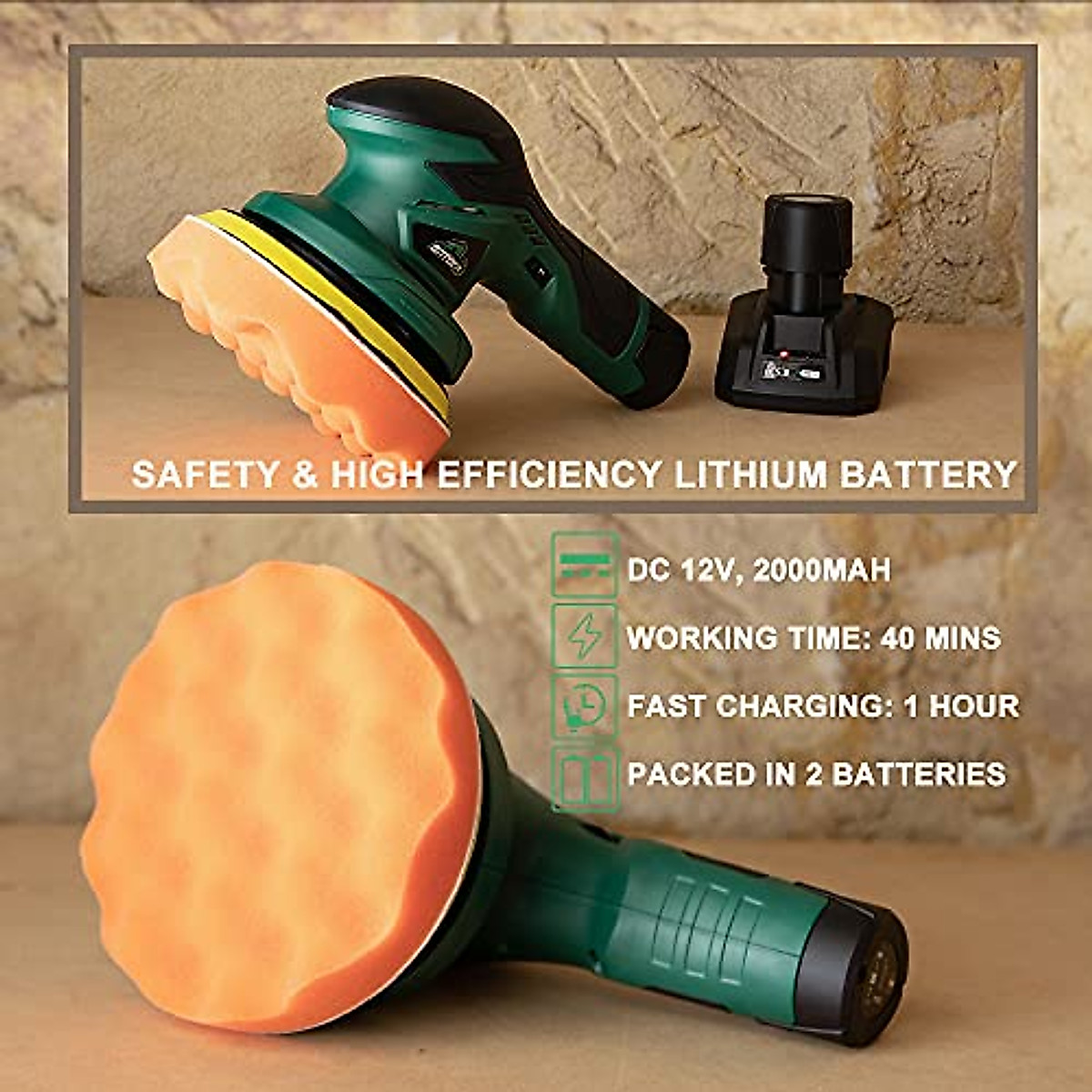 BATOCA - Cordless Car Buffer Polisher - with 2pcs 12V Lithium Rechargeable Battery Cordless Polisher with 6 Variable Speed, 2.0Ah Cordless Buffer Polisher for Car Detailing