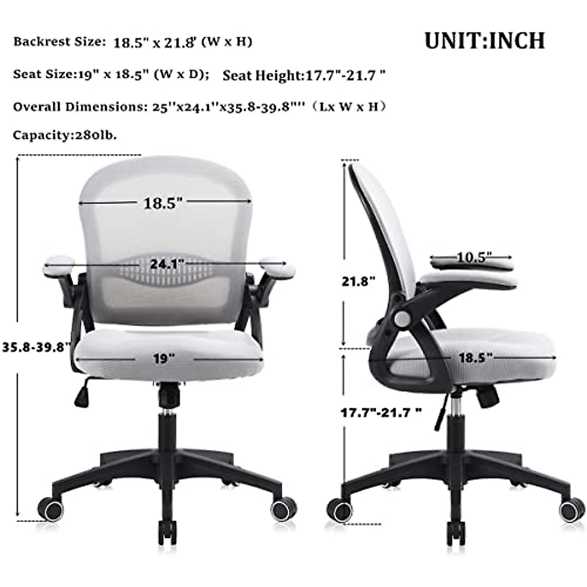 Office Chair, Ergonomic Chair Home Office Desk Chairs, Breathable Mid-Back Comfortable Mesh Computer Chair with PU Silent Wheels, Flip-up Armrests, Tilt Function, Lumbar Support (Black/Grey)