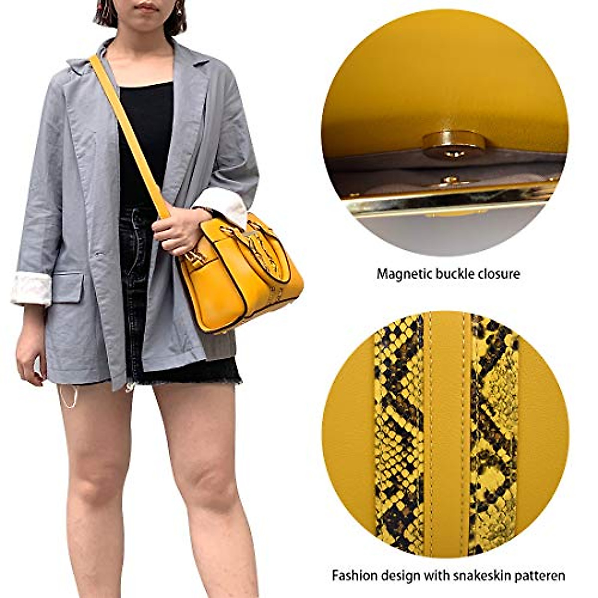 Snakeskin Print Handbag Purses for Women Top Handle Satchel Shoulder Bags Work Tote Small Leather Crossbody Bag Yellow