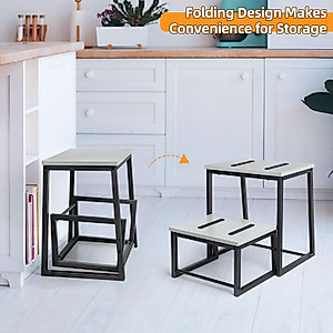 LIANTRAL Step Stool for Adults Kids, Sturdy Metal Frame Wooden Board Step Stool Helper, Supports Up to 350lb, Foot Stool, 2 in1 Step Stool for High Bed Kitchen Bathroom, Grey