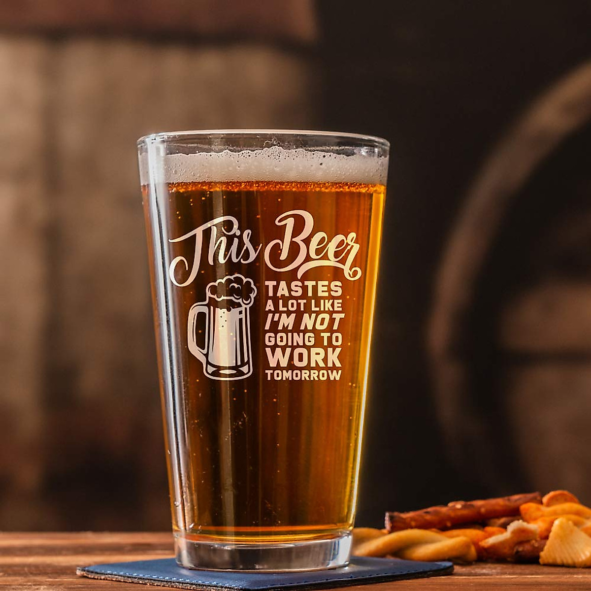 Best Retirement Gift Beer Glass - Funny Etched 16 oz Pint - This Beer Tastes a lot Like Im Not Going to Work Tomorrow - for the retired Postal Worker, Firefighter, Accountant, Pilot, Boss, Grandpa