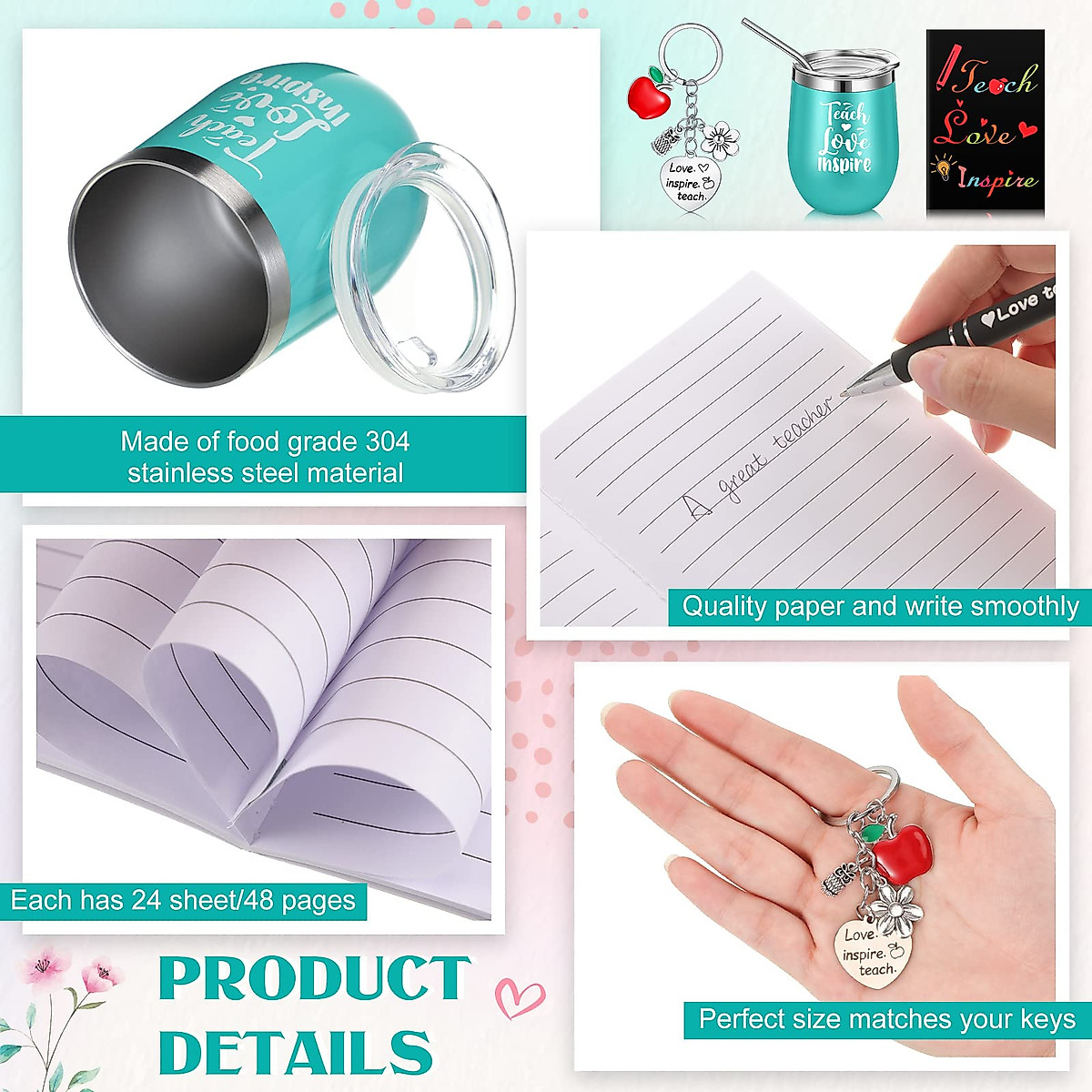 12 Pcs Teacher Appreciation Christmas Gift Bulk for Women, 12oz Wine Cup with Mini Journal Notepads Keychains Basket Thank You Retirement Gifts