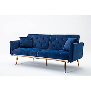 Velvet Mini Sofa, Accent Sofa, Modern Folding Couch, Sofa Bed for Living Room, Loveseat Sofa with Rose Gold Metal Feet (Navy)