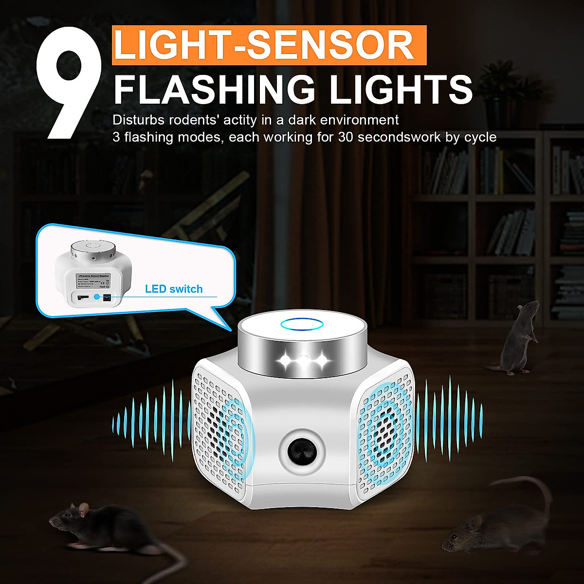 Mouse Repellent Ultrasonic Pest Repeller Plug in Humane Repeller 4 in 1 with Ultrasounds 9 Strobe Lights Rodent Repellent Indoor Mice Rat Deterrent Wide Range for House Attic Garage RV
