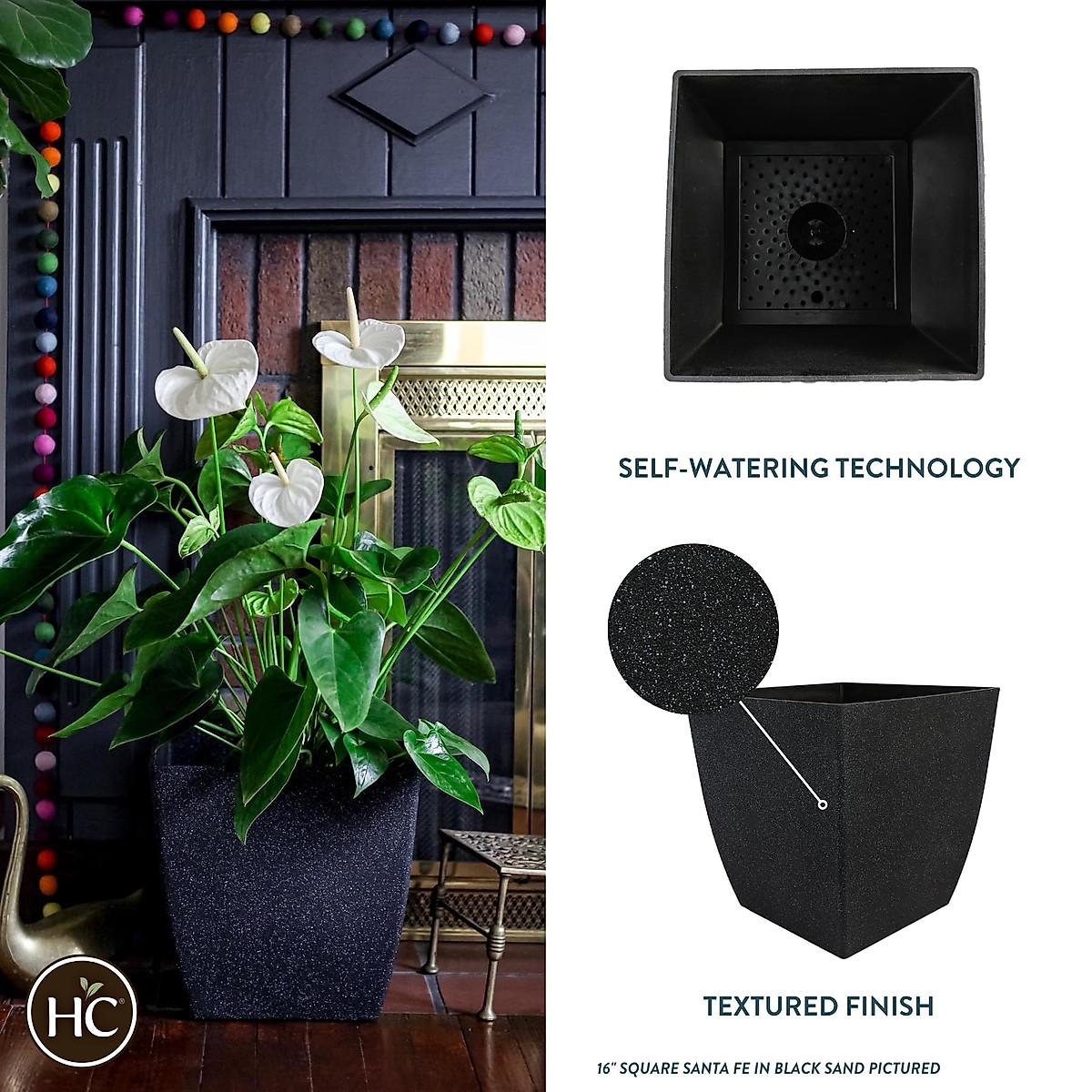 The HC Companies 12 Inch Santa Fe Square Self Watering Planter - Decorative Lightweight Plant Pot with Drainage Hole for Indoor Outdoor Use, Black Sand