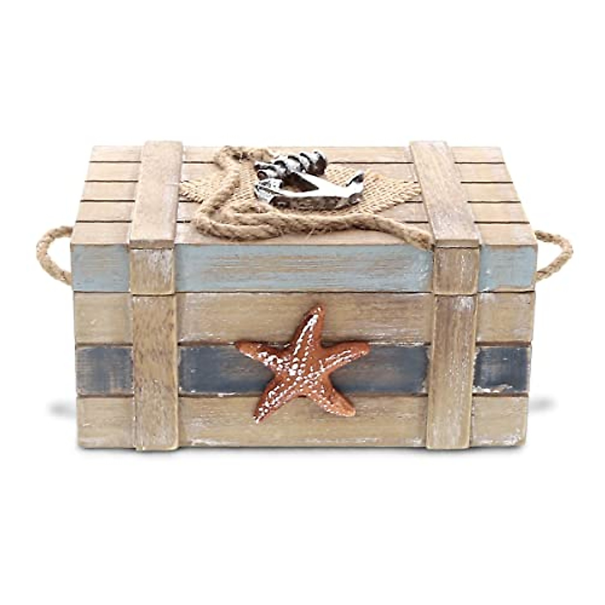CoTa Global Neptune Wooden Jewelry Box - Handcrafted Nautical Trinket with Starfish and Boat Anchor Decorations, Accent Tabletop Home Decor, Beach Starfish Jewelry Storage Organizer - 6.5 Inches