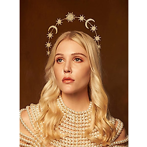 Star and Moon Halo Crown Goddess Crown Celestial Headband Starburst Halo Wedding Bridal Prom Tiara (2-Gold)