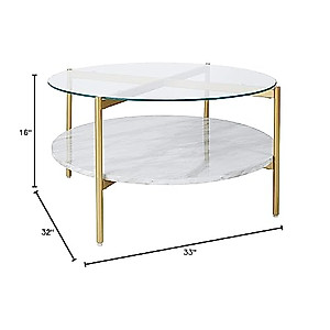 Signature Design by Ashley Wynora Contemporary Round Coffee Table with Glass & Faux Marble, White & Gold