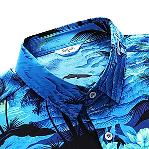 SheLucki Hawaiian Shirt for Men, Unisex Summer Beach Casual Short Sleeve Button Down Shirts, Printed Palmshadow Clothing Palm Tree Blue M