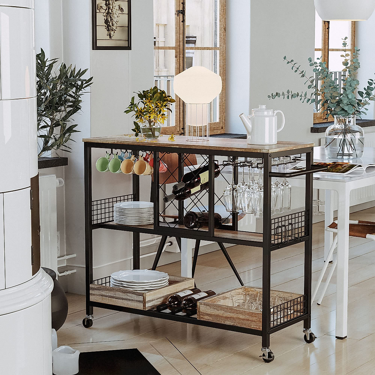 IRONCK Bar Cart, Industrial Serving Cart on Wheels Kitchen Storage Cart for The Home Wood and Metal Frame, Rustic Brown