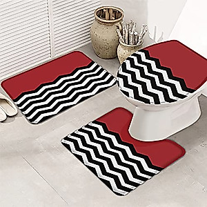 3 Piece Set Bathroom Rugs for, Red Black and White Chevron Bath Mat Non-Slip Memory Foam U-Shape Contour Rug Toilet Lid Cover, Washable Absorbent Bath Rugs for Tub Shower 18"x30"+14"x 18"+15"x 18"
