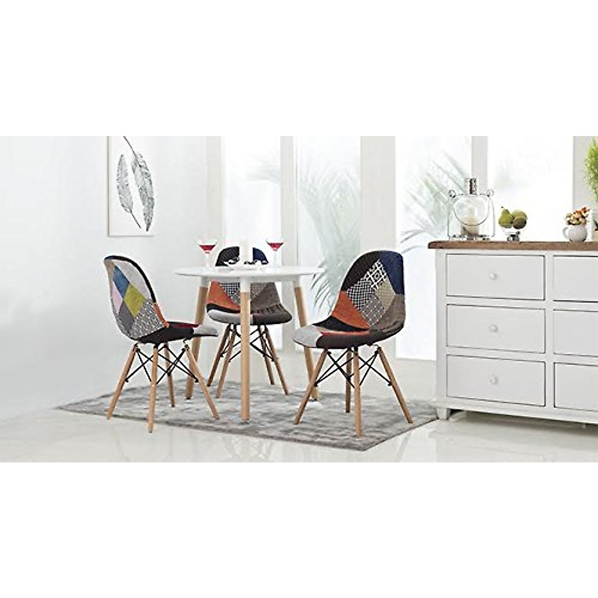 2xhome - DSW Molded Plastic Shell Bedroom Dining Side Ray Chair with Brown Wood Eiffel Dowel-Legs Base Nature Legs (Patchwork S)