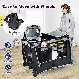 BABY JOY 5 in 1 Pack and Play, Portable Nursery Center Baby Playard w/Bassinet & Diaper Changing Table, Infant Bassinet Activity Center with Toys, Music, Oxford Bag for Toddlers (Space Grey, Classic)