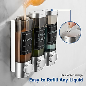 Shampoo and Conditioner Dispenser,Shower Dispenser 3 Chamber No Drill Wall-Mounted Shampoo Dispenser for Shower Wall Mounted Body Wash Dispenser for Bathroom Hotel Kitchen Large Capacity,Silver1