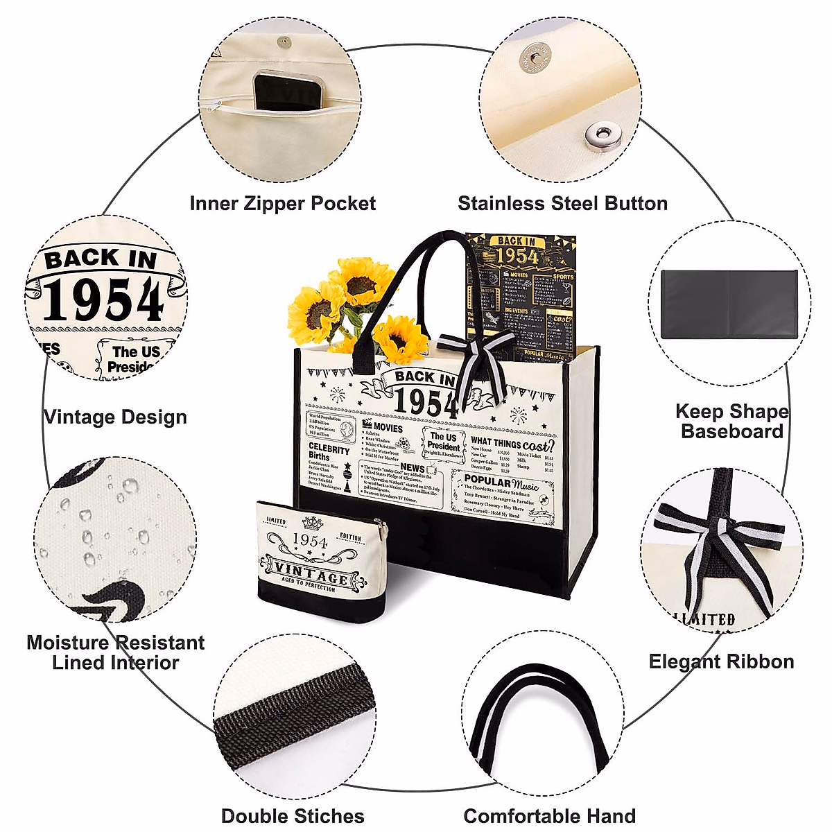 70th Birthday Gifts for Women Canvas Tote Bag Travel Gear, Unique 70 Years Old Gifts for Mom Aunt Friends Wife Sister Her Turning 70, Vintage 1954 Beach Bag & Cosmetic Bag & Back in 1954 Poster