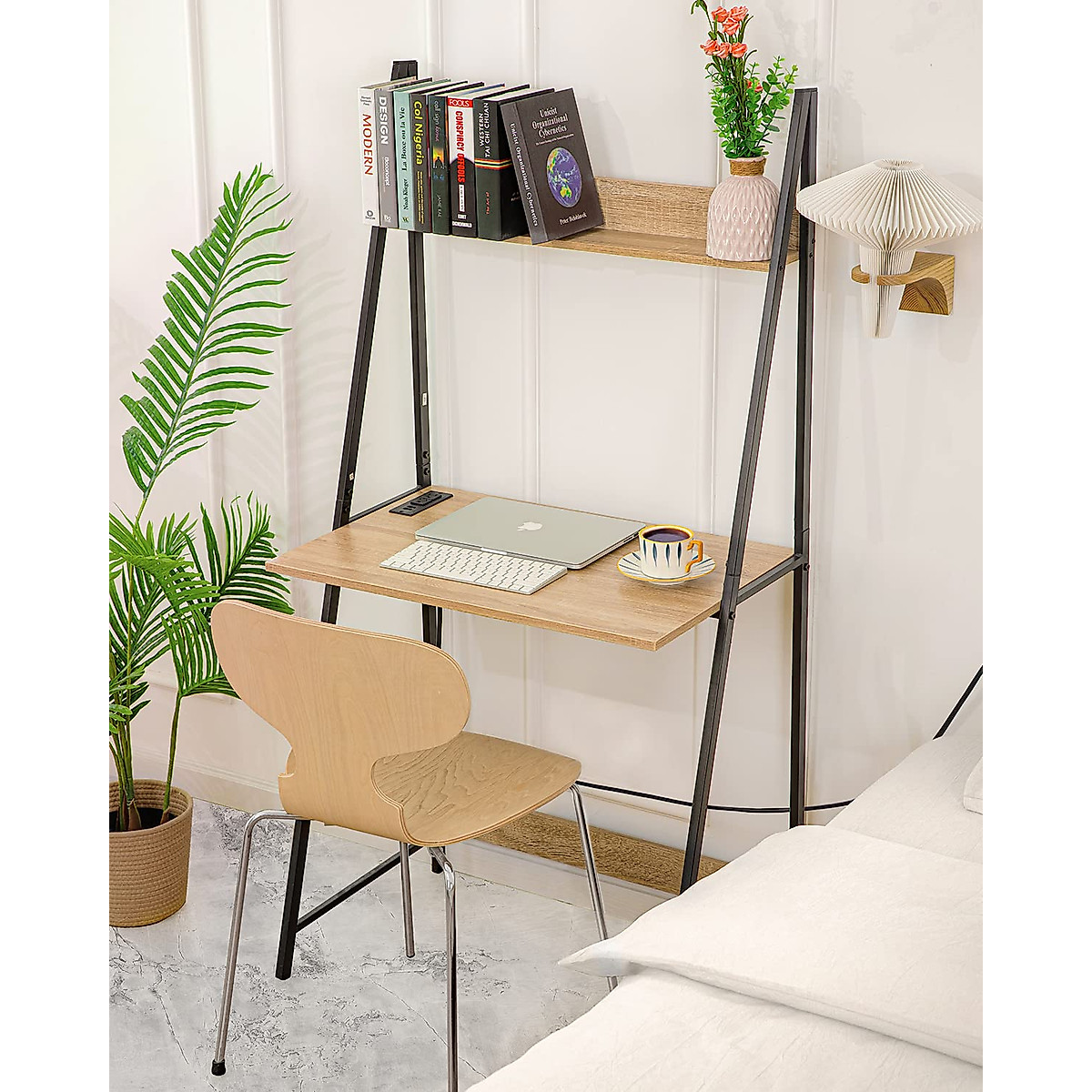 SpringSun Computer Desk with Power Outlet 2-Tier Ladder Computer Table with Storage Bookshelf, USB Charging Ports Modern Writting Table for Office and Home