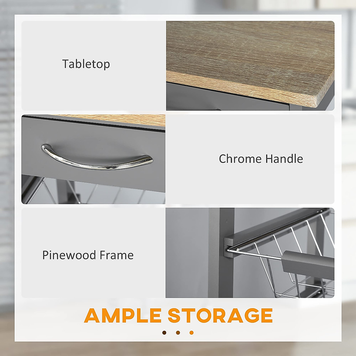 HOMCOM Mobile Kitchen Cart, Rolling Kitchen Island with Storage, Solid Wood Frame Utility Cart with Wire Fruit Baskets and Drawer, Gray