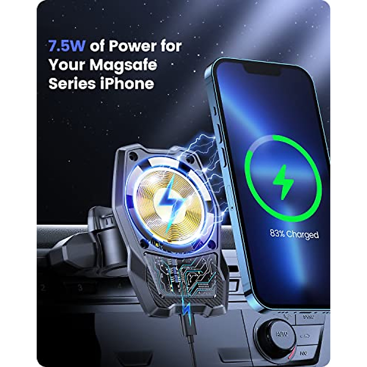 OQTIQ Hexagon Magnetic Wireless Charging Car Mount CD Phone Holder Compatible with Magsafe iPhone 14 13/Pro/Pro Max/Mini(QC 3.0 Car Charger & 3.3ft Type-C Cable Included)