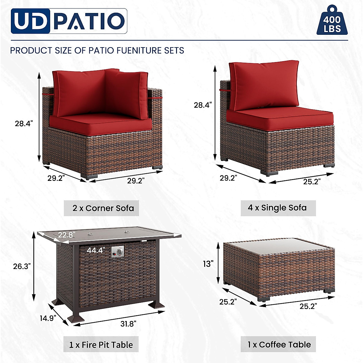 UDPATIO Patio Furniture Sets with Fire Pit Table, Modular Rattan Outdoor Conversation Patio Sectional Furniture Sofa Set for Backyard, Deck w/Coffee Table, 8PC Brown/Red (Include Sofa Cover)