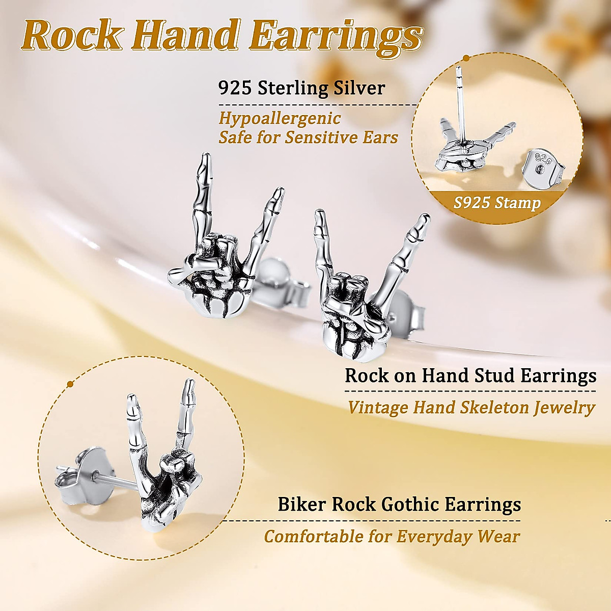 Suplight 925 Sterling Silver Rock Hand Earrings Vintage Punk Rock Earrings for Men Women