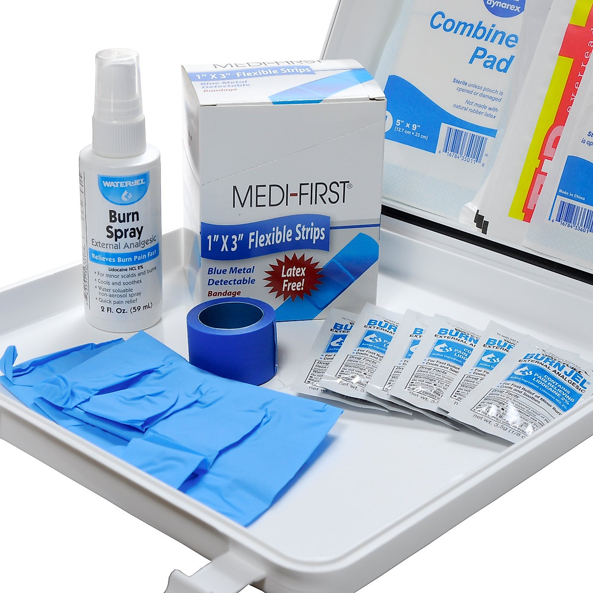 MFASCO Class B Restaurant First Aid Kit - OSHA Compliant - Emergency Plastic Box - Rubber Sealed - Includes Blue Bandages and Burn Care Supplies - Essentials for Work or Restaurant - 139 Pieces